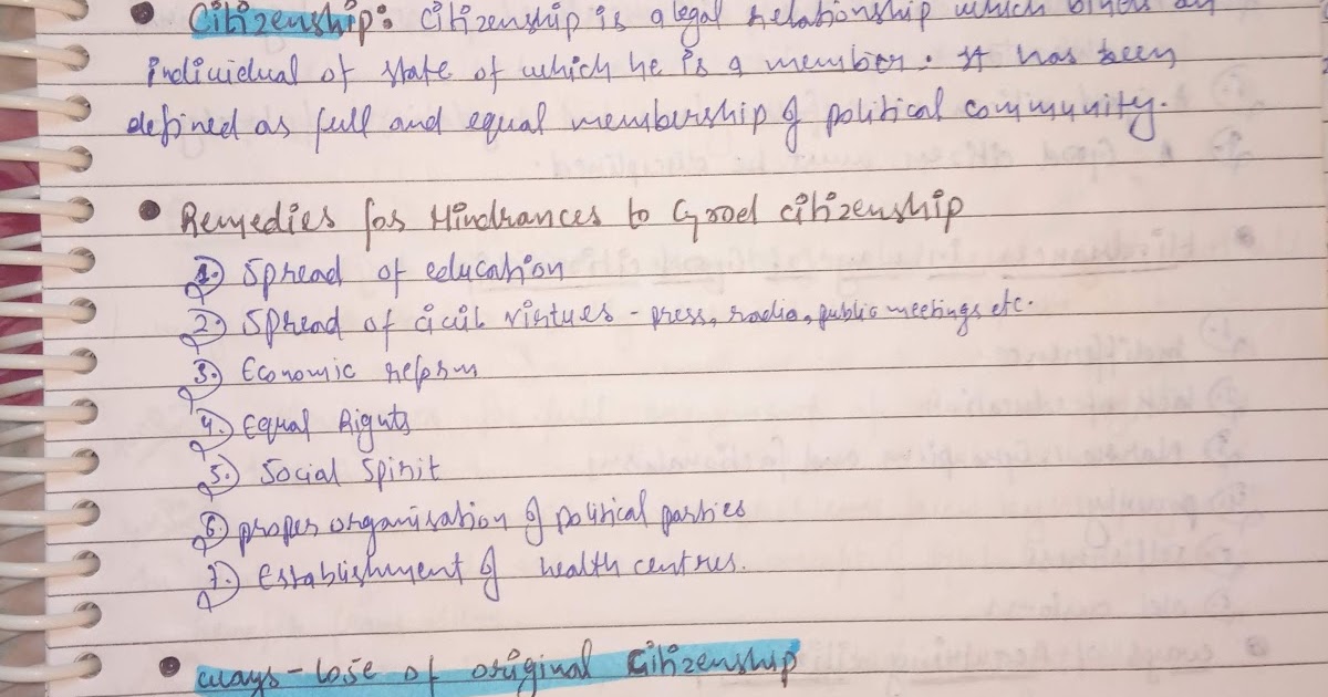 Handwritten Notes of CITIZENSHIP - Political Science - Class 11th ...