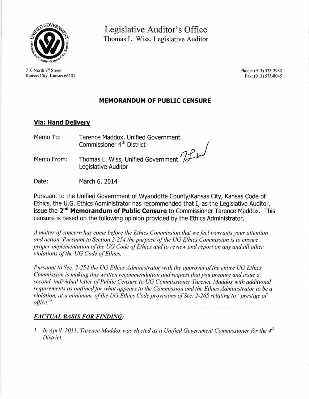 Kansas City Kansan: DOCUMENT: Second Maddox Censure Letter