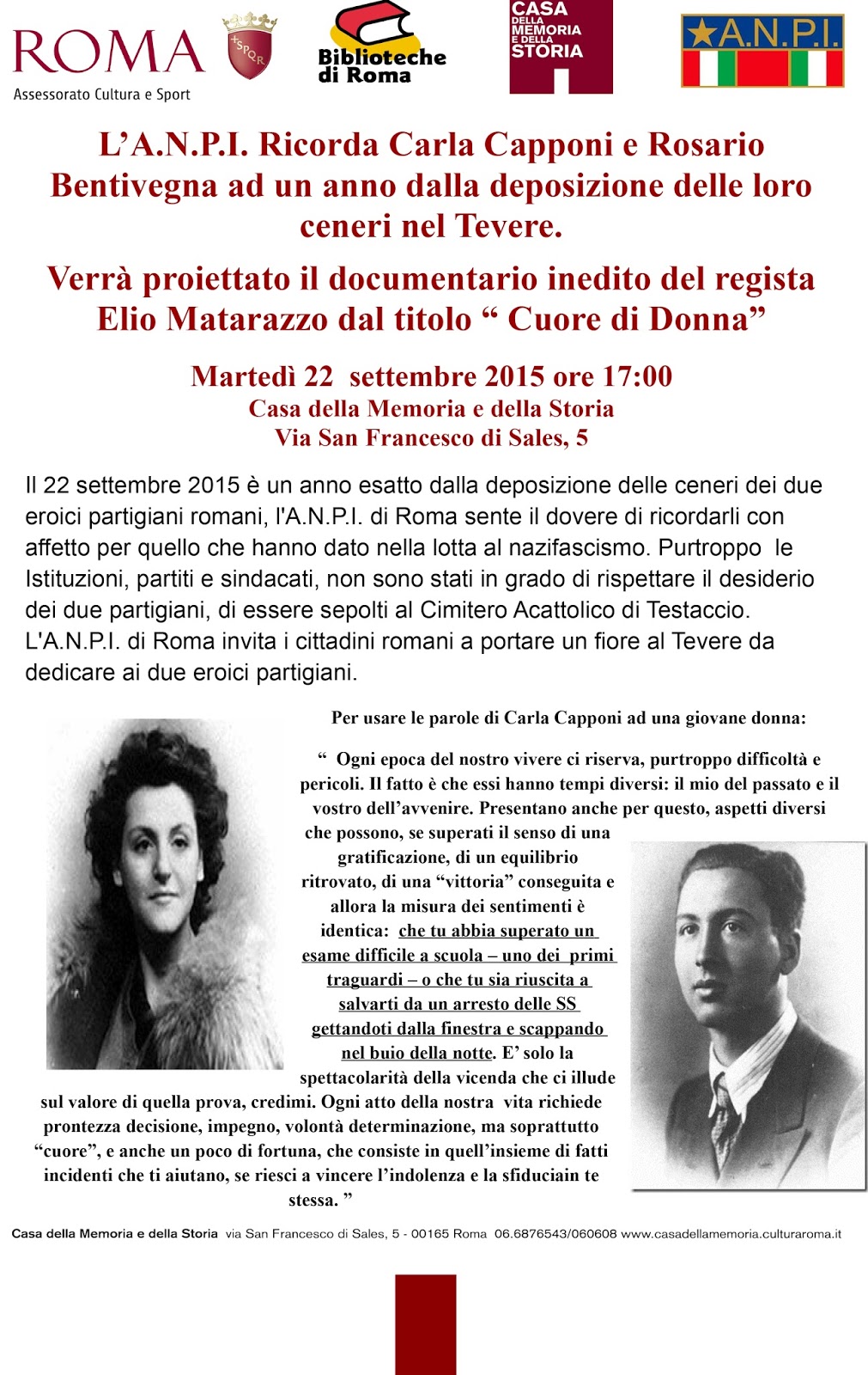 ANPI Provinciale di Roma: Ricordo di Carla Capponi e Rosario Bentivegna ...