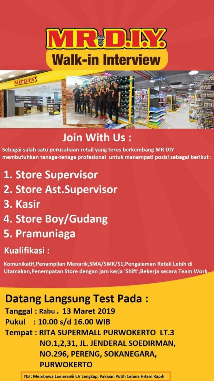 WALK IN INTERVIEW MR DIY cabang Purwokerto - berbagai posisi - SMA s/d ...