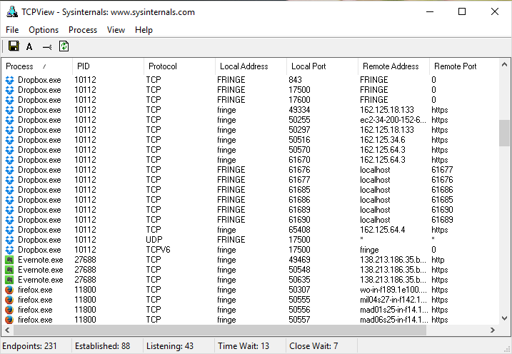 Escanear conexiones TCP/UDP de procesos del sistema