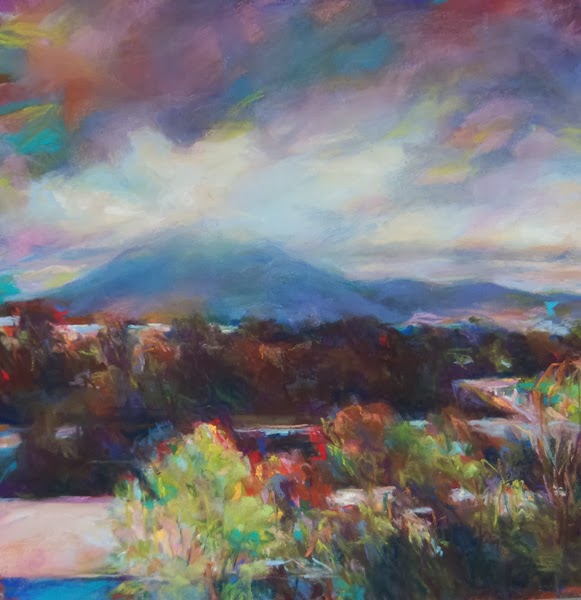 MIST + COPSE OF TREES- 12" x 12" landscape pastel by Susan Roden