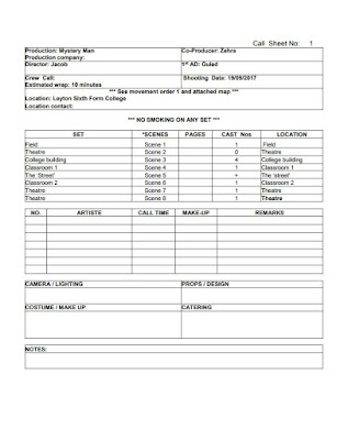 Task 2 - Call sheet & storyboard
