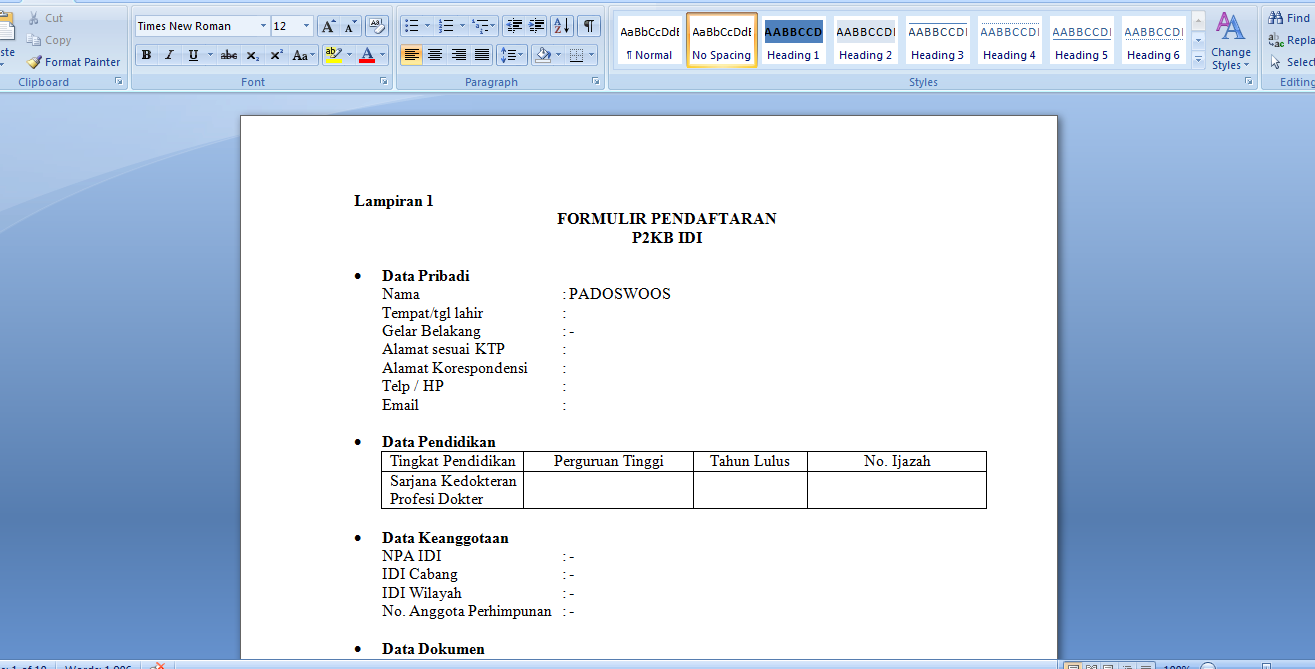 CONTOH - FORMULIR PENDAFTARAN P2KB IDI [dr. PADOSWOOS] - PW