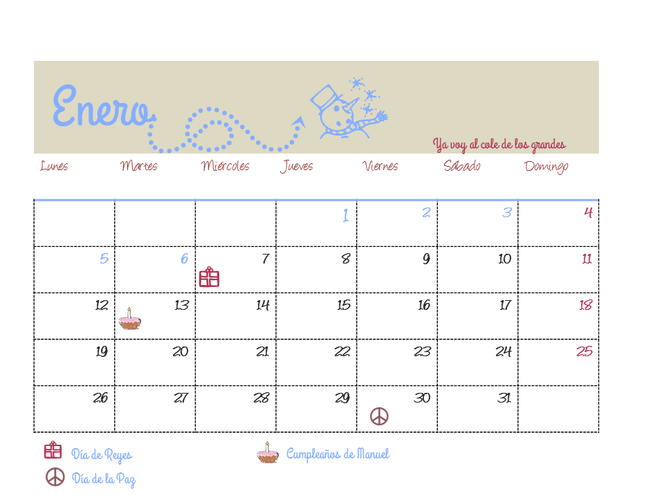 Ya voy al cole de los grandes: Calendario de Enero