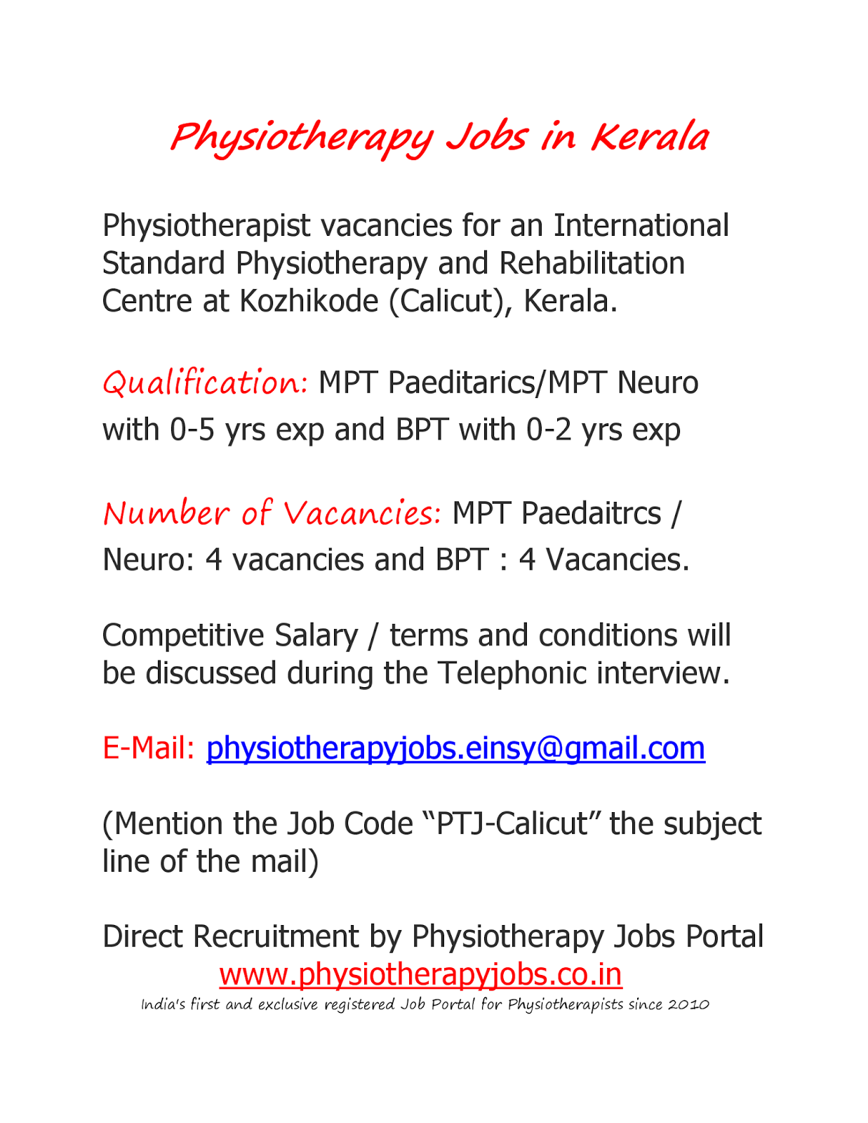 Physiotherapy JOBS: Physiotherapist vacancies in Kerala- July 2016