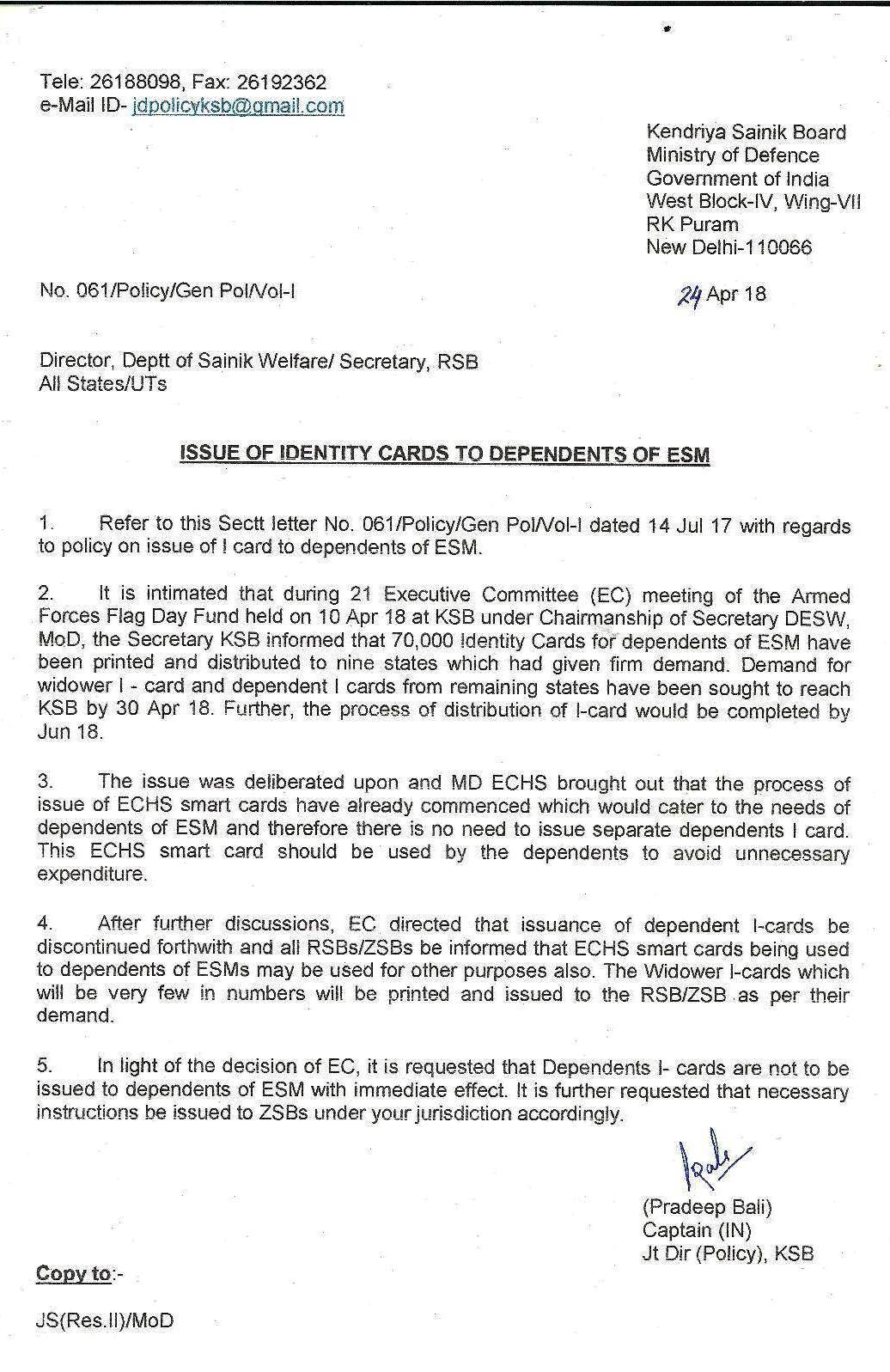 ISSUE OF DEPENDENT ID CARD WILL BE DISCONTINUED