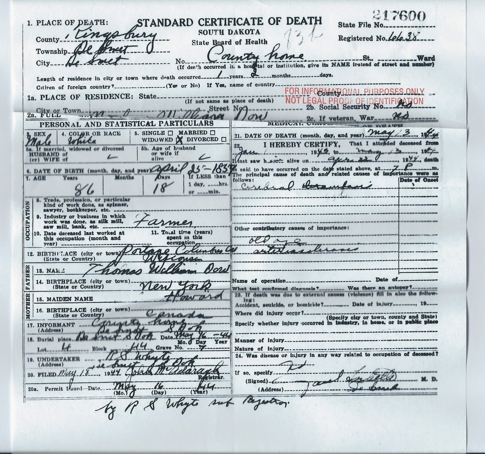 Jeannette's take on life: DEATH RECORD OF NATHAN WILLIAM DOW