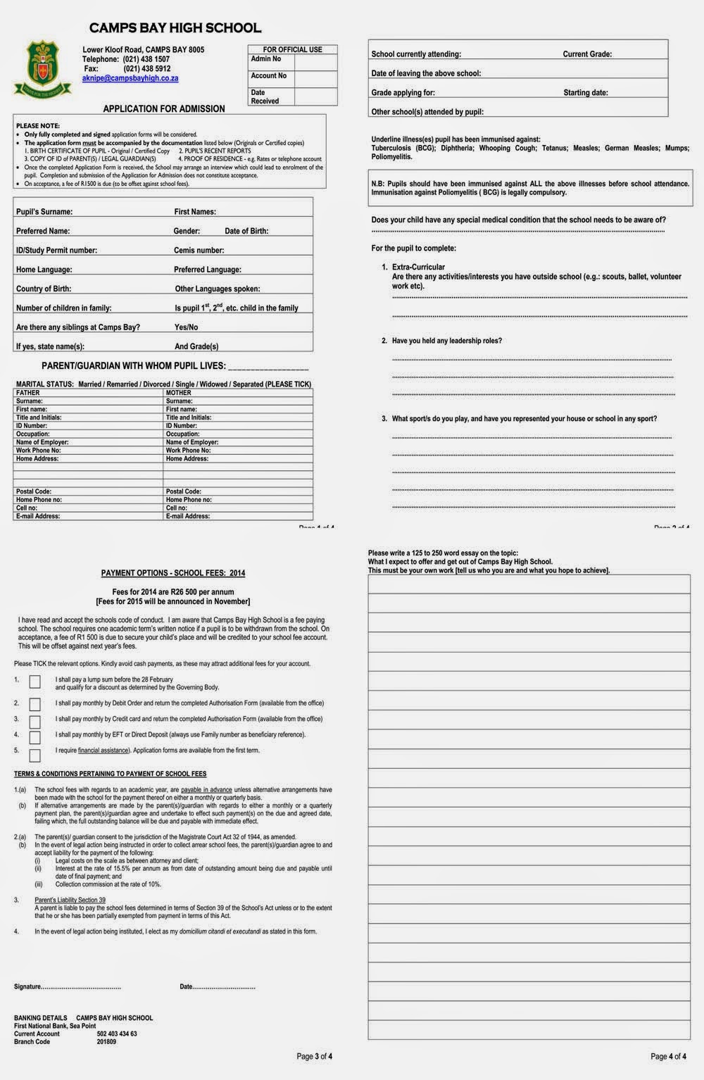 Camps Bay High School: CBHS Revised Application Form - Apr '14