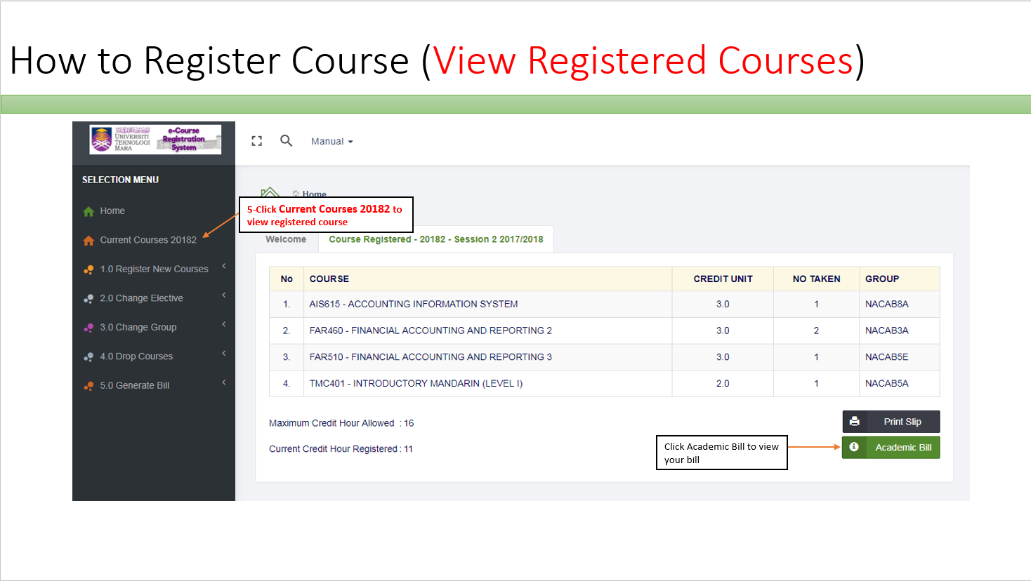 UNIVERSITI TEKNOLOGI MARA - STUDENT PORTAL: How to Register Course