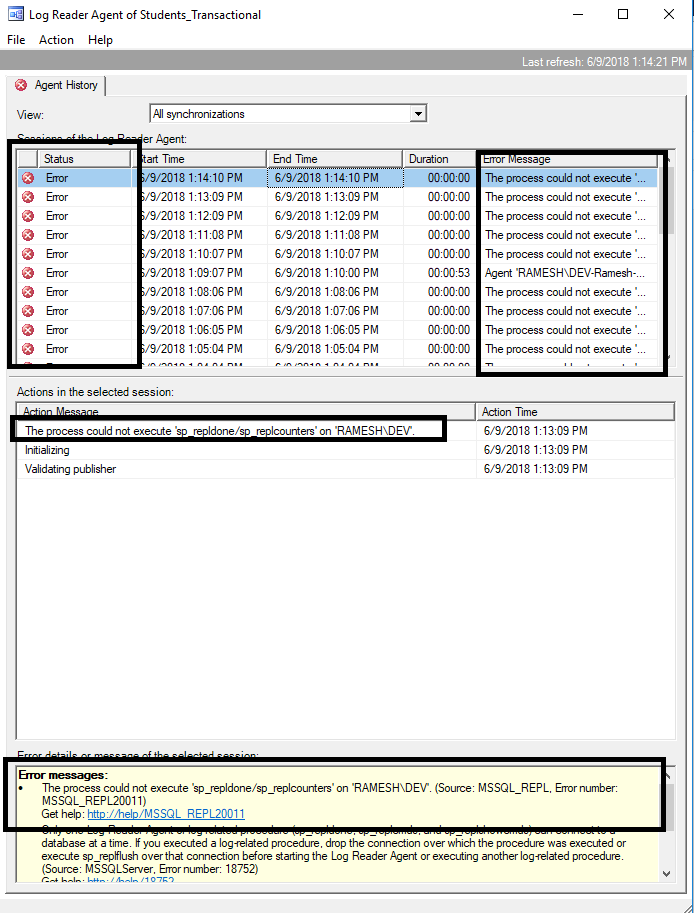 The process could not execute 'sp_repldone/sp_replcounters' on 'RAMESH ...