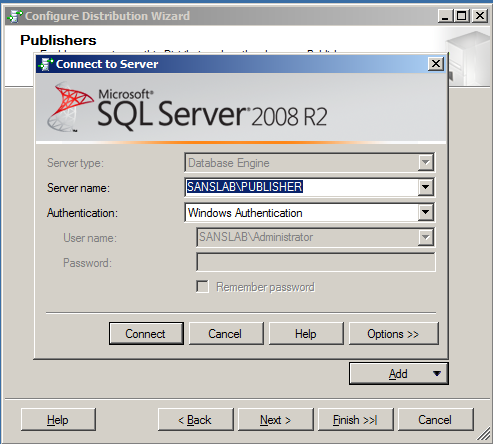 For now, I will be adding a SQL Server as Publisher. So click on "Add ...