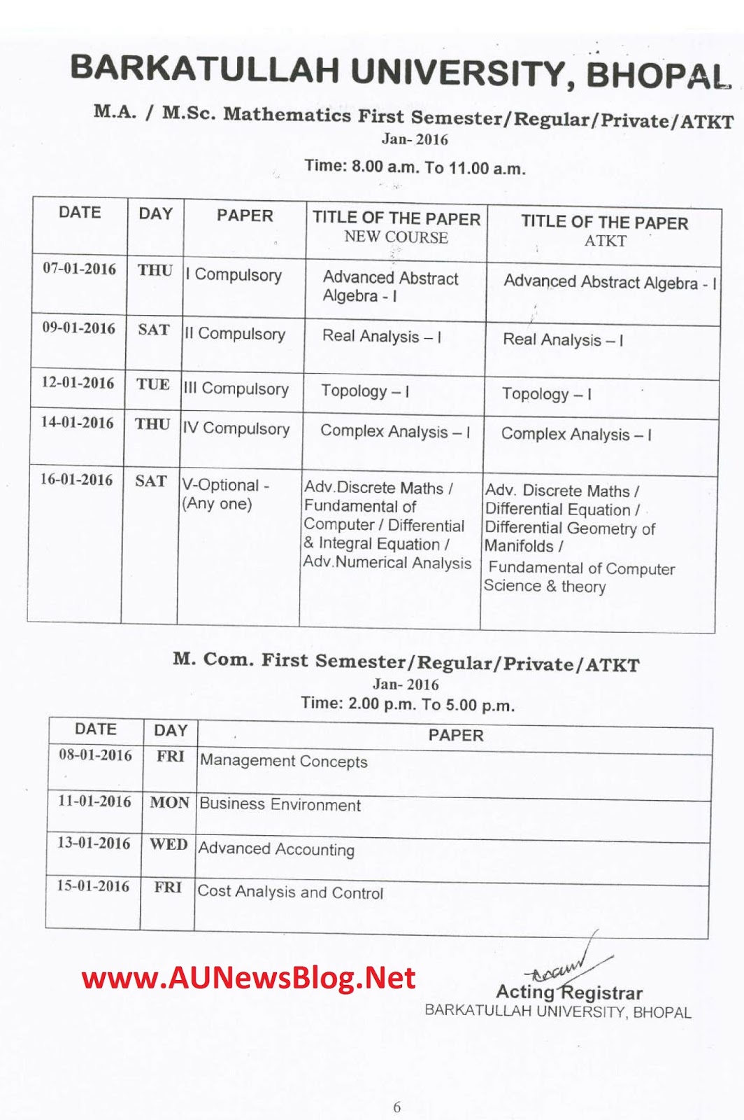 Barkatullah University PG Exams Time Table January 2016