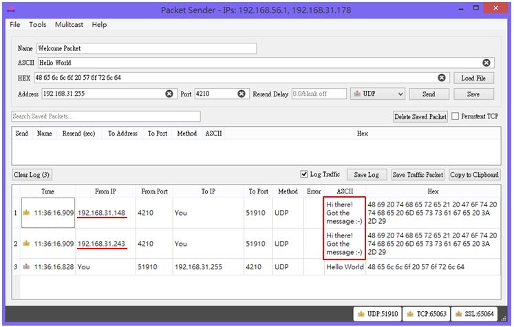 Blog of Wei-Hsiung Huang: ESP8266 - Receive broadcast UDP packets sent from Packet Sender