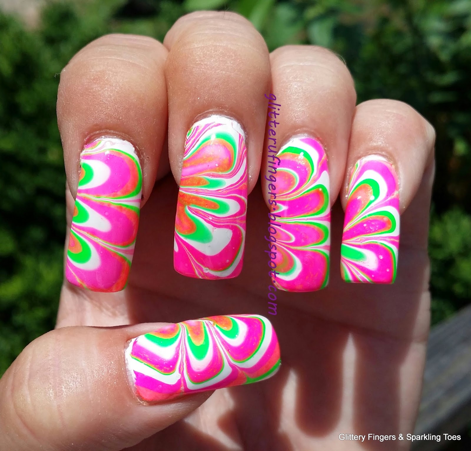 Glittery Fingers & Sparkling Toes: Summer Neon Water Marble
