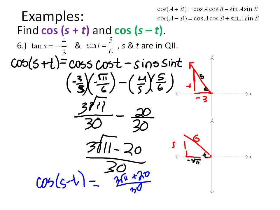 Ms. Hale's Math Page: Trig. 5/3-4: 5-3 Sum & Diff. Id.s for Cosine
