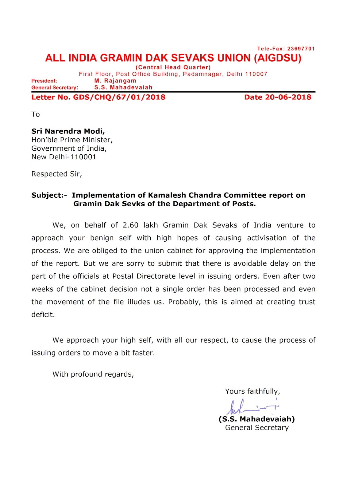 RURAL POSTAL EMPLOYEES: CHQ LETTER TO HON'BL PRIME MINISTER