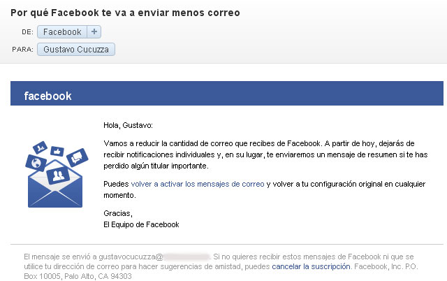 Notificaciones de Facebook (por correo electrónico)