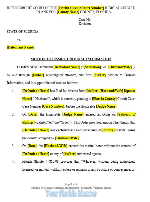 Motion to Dismiss Criminal Information - Domestic Violence Issues