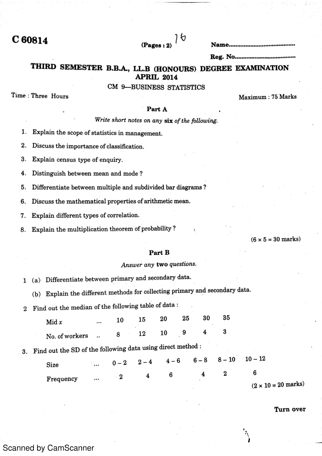 QP 3rd Sem - Business Statistics 2014