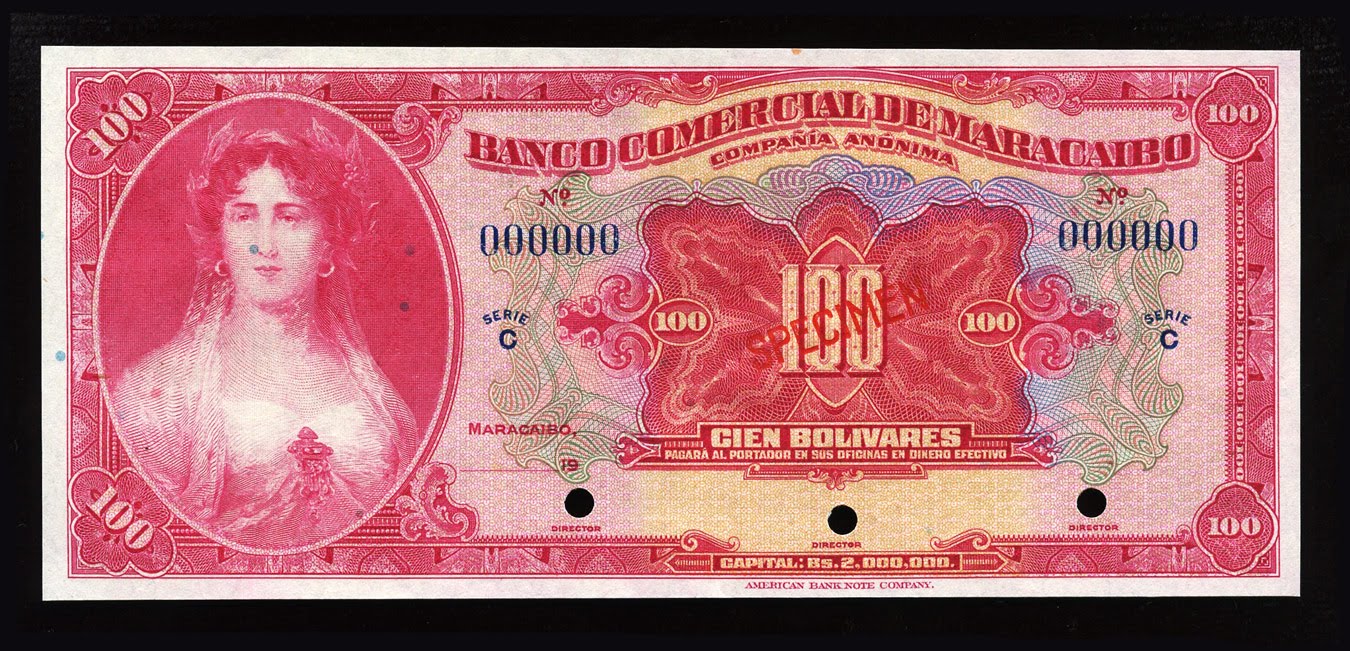 Venezuela 100 Bolivares banknote 1929 Banco Comercial de Maracaibo ...