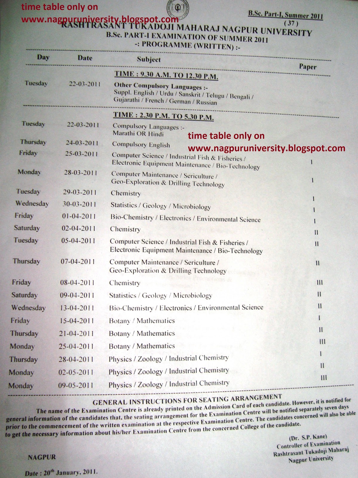 RTMNU TIME TABLE 2011 BSC PART-1 | NAGPUR UNIVERSITY TIME TABLE BSC-1 sT YEAR 2011