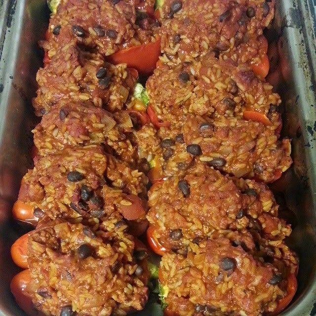 Shannon's Lightening the Load: Chili, Bean & Rice Stuffed Peppers