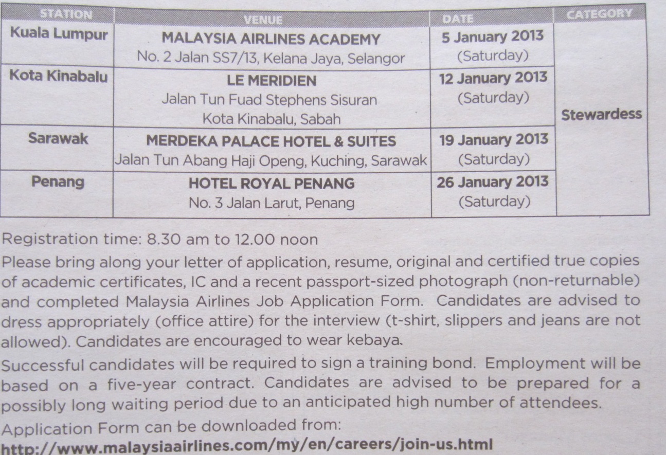 Malaysia Airlines (MAS) Cabin Crew Walk-in Interview [January 2013 ...