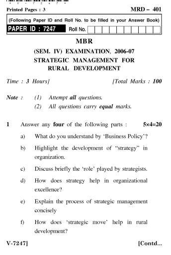 UPTU MBA Strategic Management for Rural Development 2006-07 Question ...