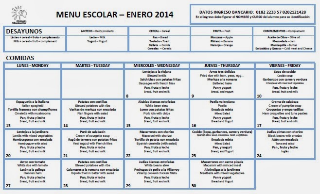 AMPA Colegio Montserrat: MENU ESCOLAR. ENERO 2014
