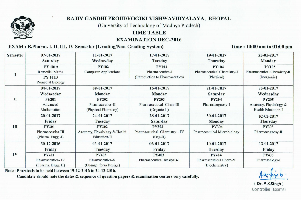 RGPV B.Pharmacy 4th Semester (Grading System) Examination Time Table 2017 | RGPV Examination ...