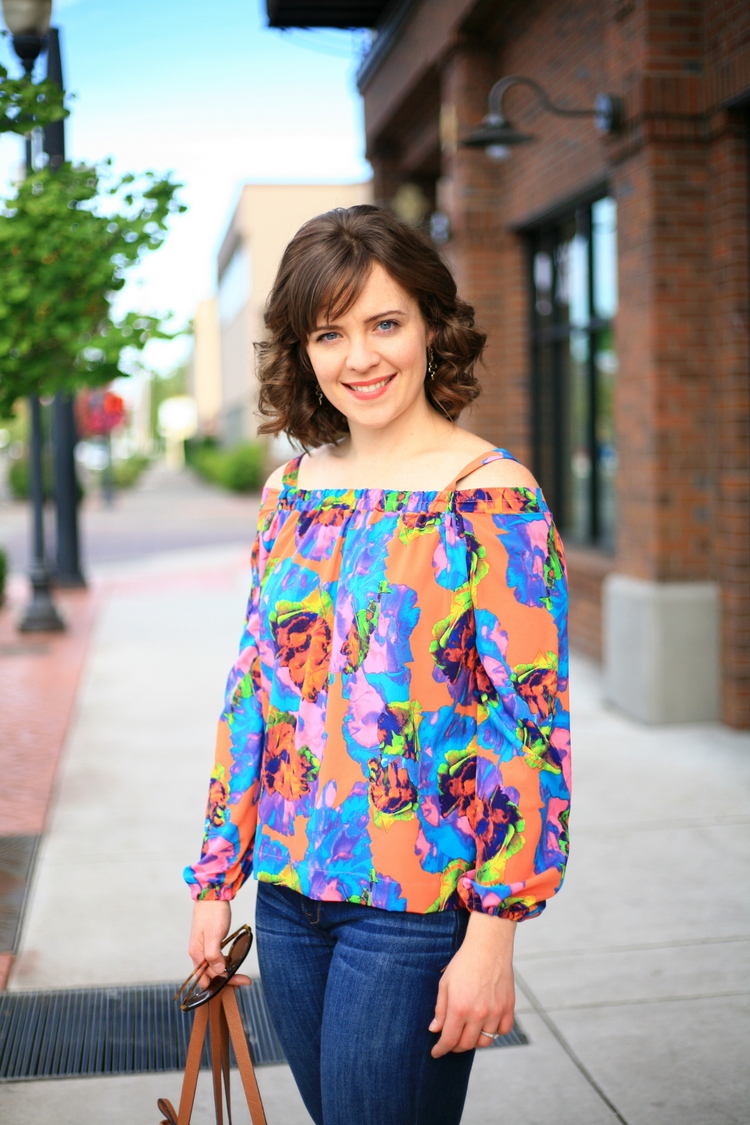 A bright print open shoulder top for early fall (and my birthday ...