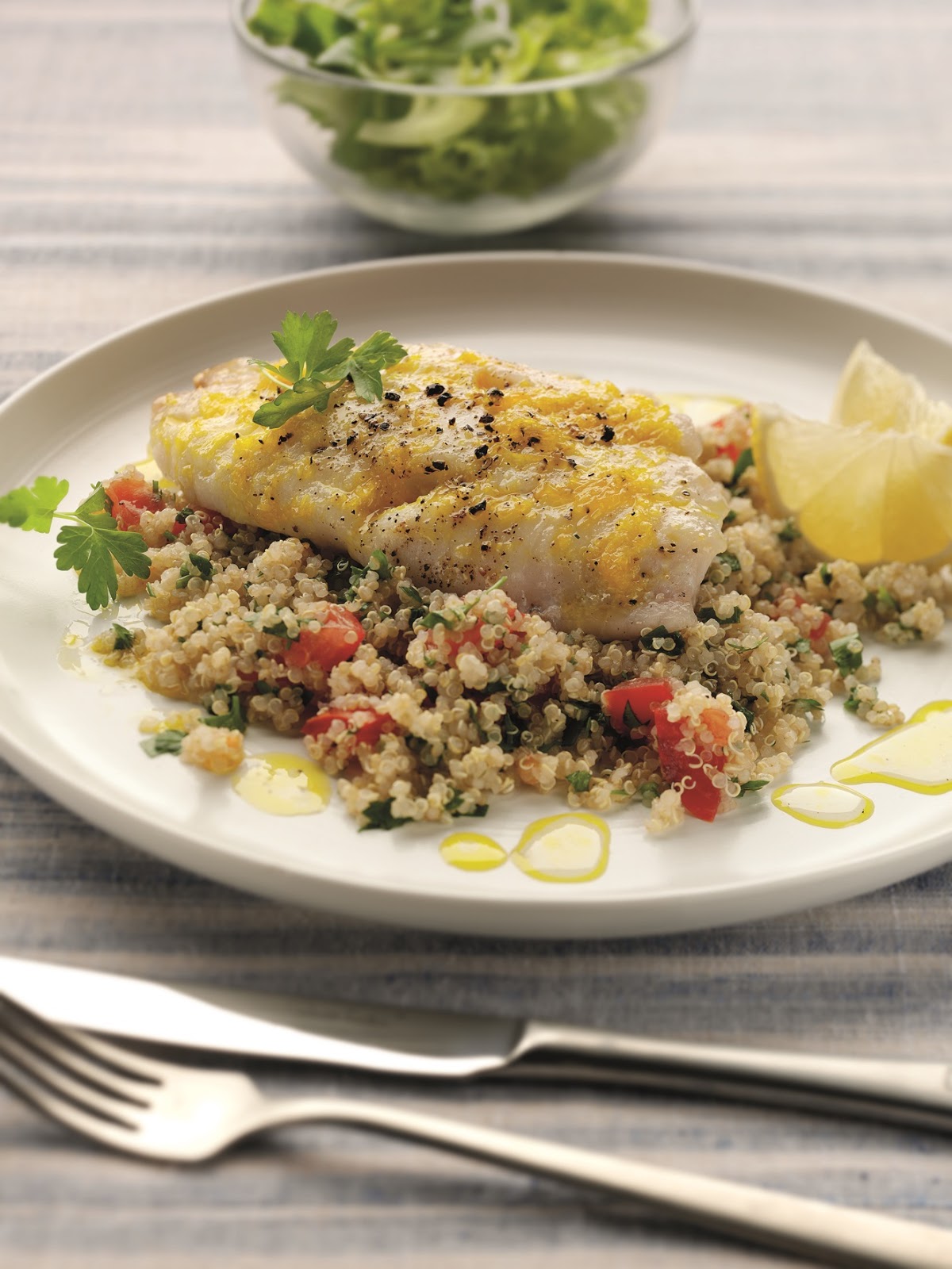 Baked Lemon Cod With Quinoa Tabbouleh - Claire Justine