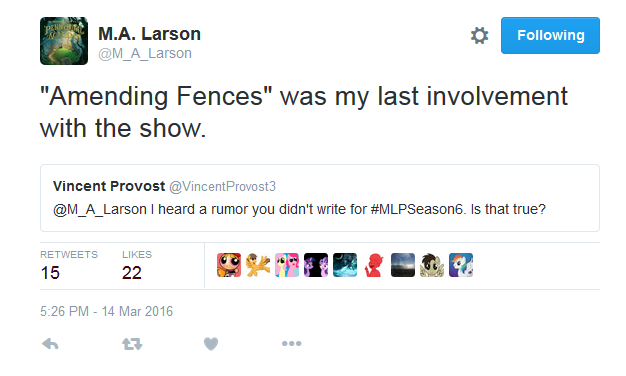 Equestria Daily - MLP Stuff!: M.A. Larson Not Involved in Season 6