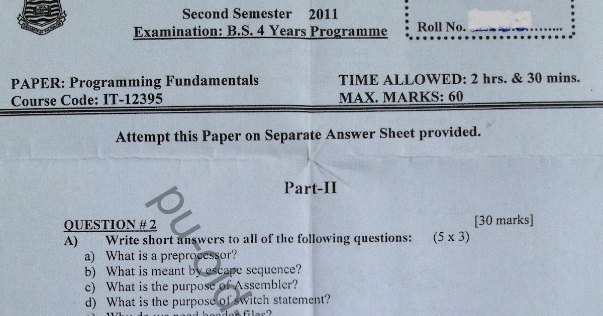 Punjab University Past Papers: Programming fundamentals course code IT ...