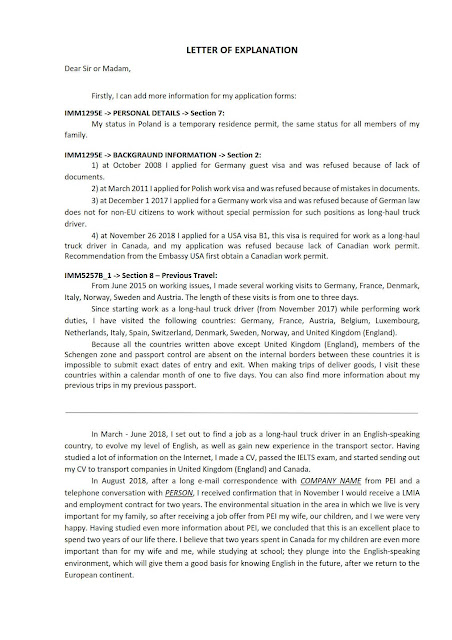 Trucking_EU: LETTER OF EXPLANATION for work permit Canada