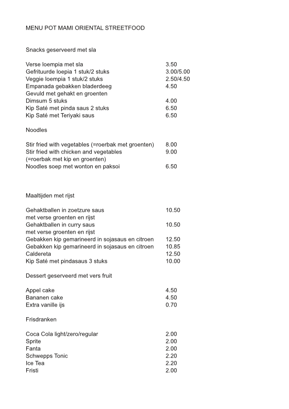 Pot Mami Oriental Streetfood restaurant: Menu