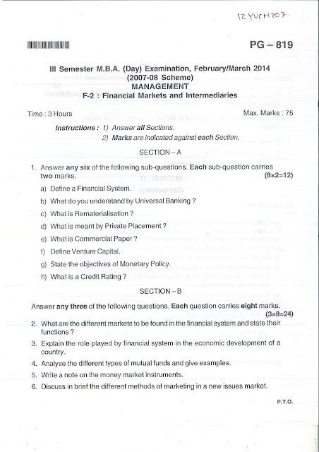 MBA BU Financial Markets and Intermediaries 2014 Question Paper ...