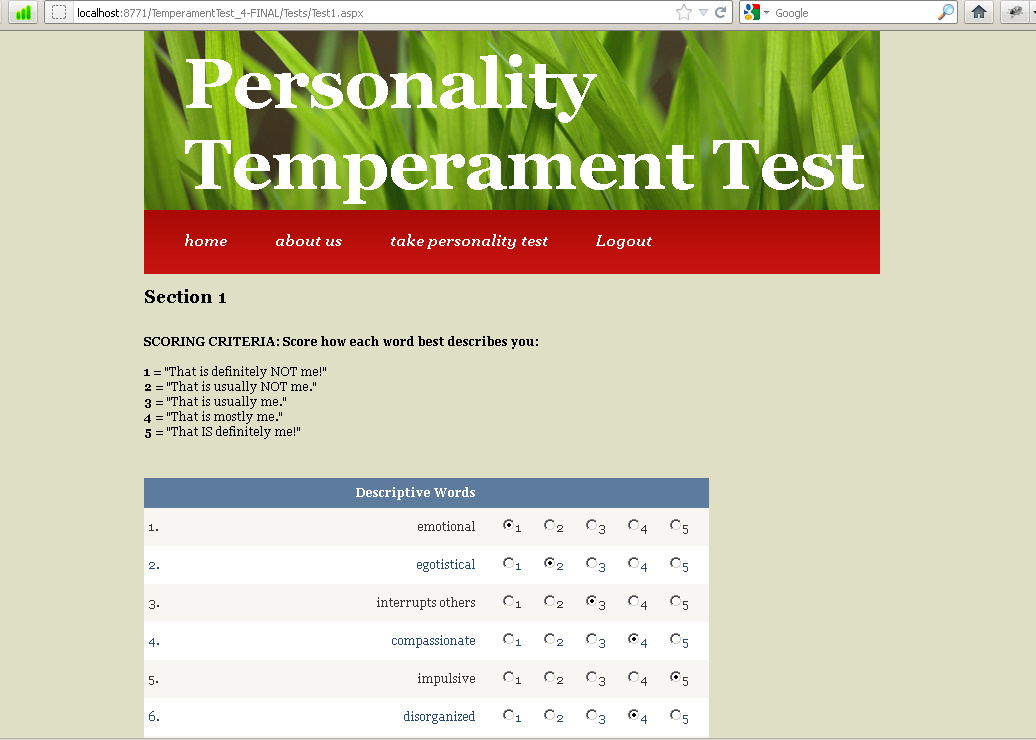 Jeremiah Flaga: ASP.NET: Personality Temperament Test Project