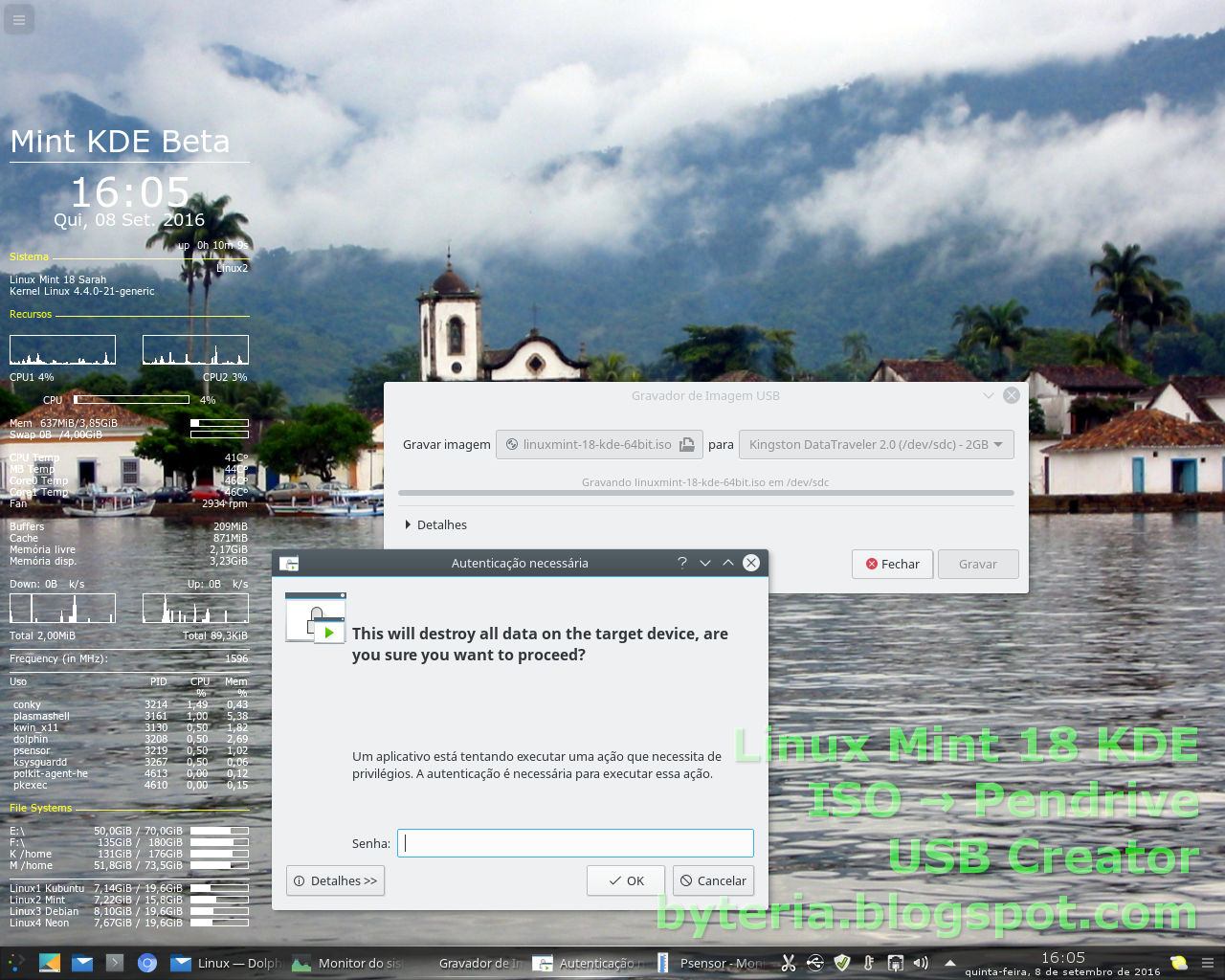 Byteria: Teste do Linux Mint 18 "Sarah" KDE em Live USB