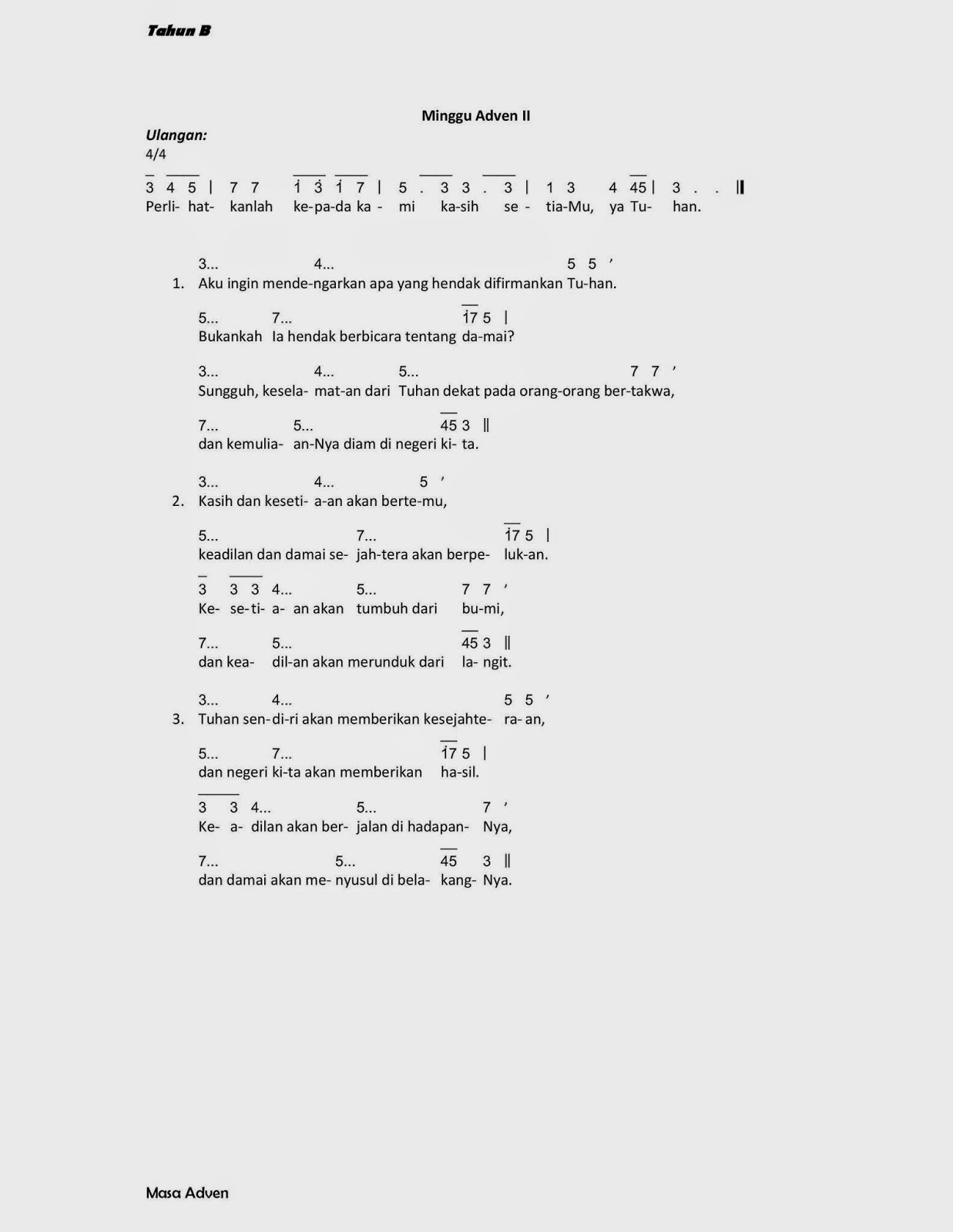 MAZMUR TANGGAPAN DAN LAGU-LAGU MISA: MINGGU ADVEN II