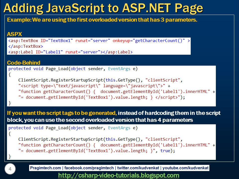 Sql server, .net and c# video tutorial: RegisterStartupScript and RegisterClientScriptBlock methods