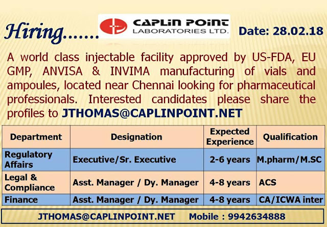 Caplin Point - Hiring - Regulatory Affairs - M.Pharm/M.Sc - PHARMA JOB ...