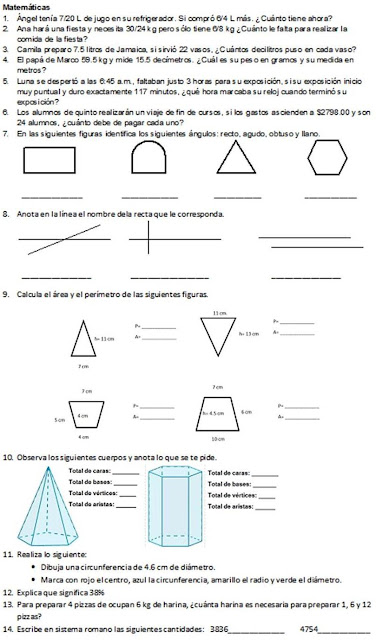 TAREAS QUINTO GRADO IA.: REPASO DE MATEMATICAS