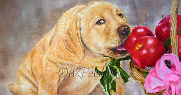 AZPAINTINGS : An Apple A Day - Labrador puppy oil painting