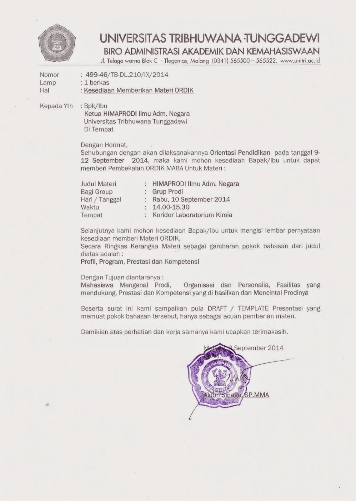 Model surat resmi Himagara Unitri