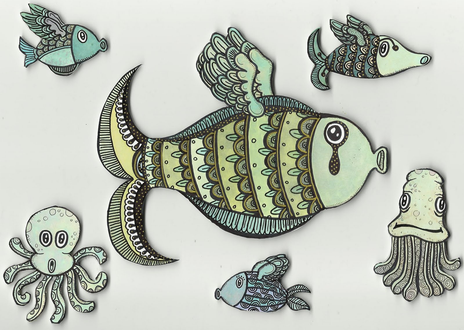 Kumont Art: COLLAGE DE PECES Y CALAMARES