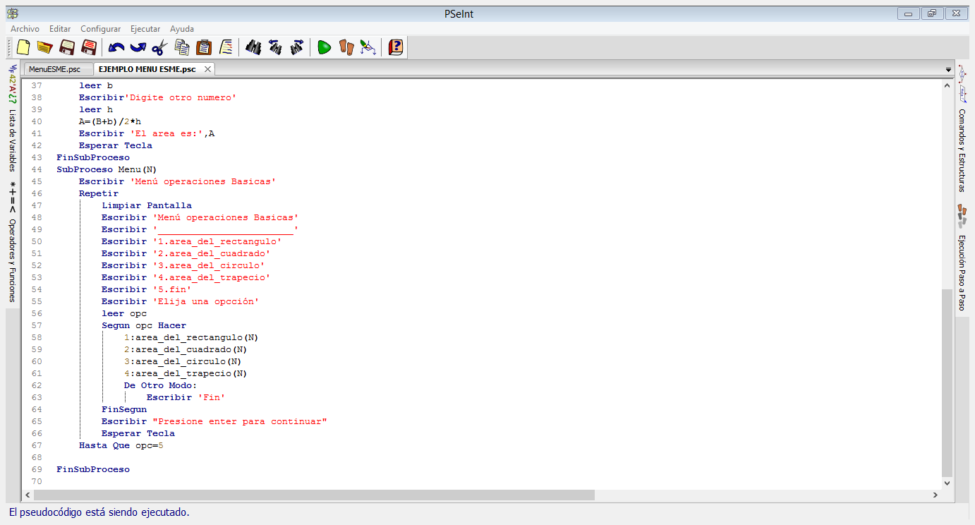 APRENDIENDO CON PSEINT: MENÚ EN PSEINT