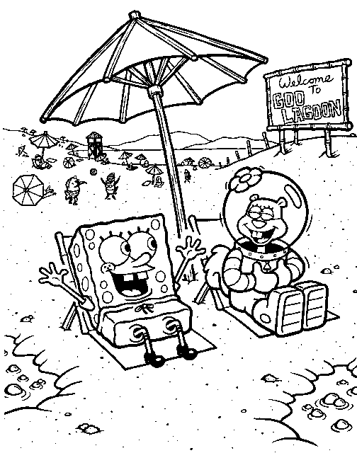 Spongebob and Sandy Vacation in Beach Coloring Pages >> Disney Coloring ...