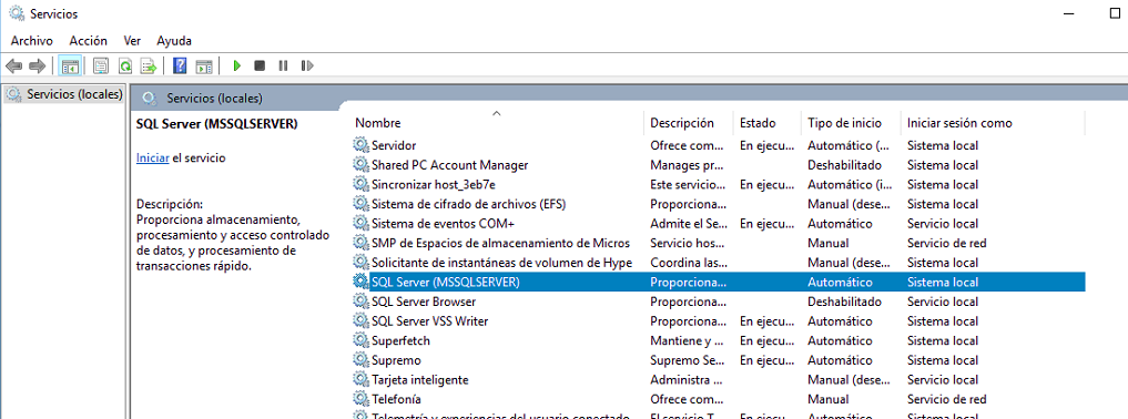 ZGEST: Iniciar el servicio del motor de Microsoft SQL Server - MSSQL